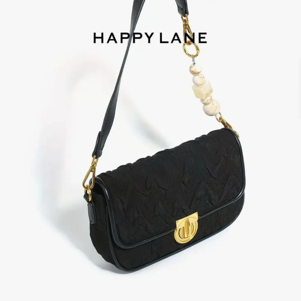 Happy Lane | Bags | Black Ruched Textured Flap Crossbody Bag Gold Turn ...